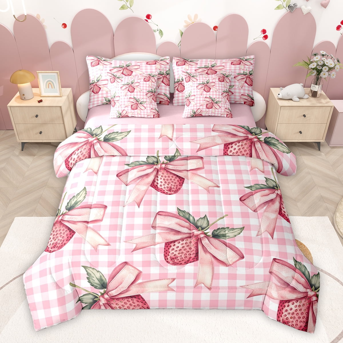 Manfei Girly Pink Strawberry Bedding Comforter Set 7pcs for Child ...
