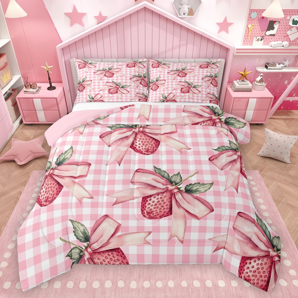 Homewish Girly Pink Strawberry Bedding Comforter Set for Child, Kawaii ...