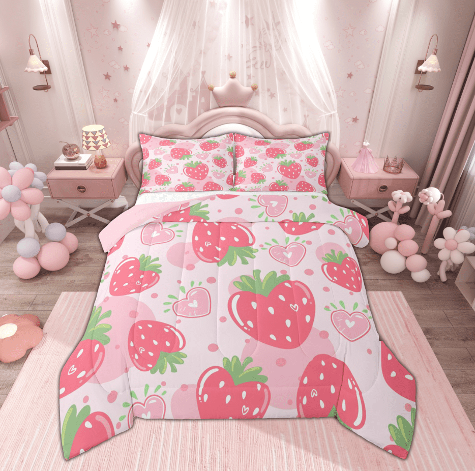 Manfei Girly Pink Strawberry Bedding Comforter Set, Kawaii Love Heart ...