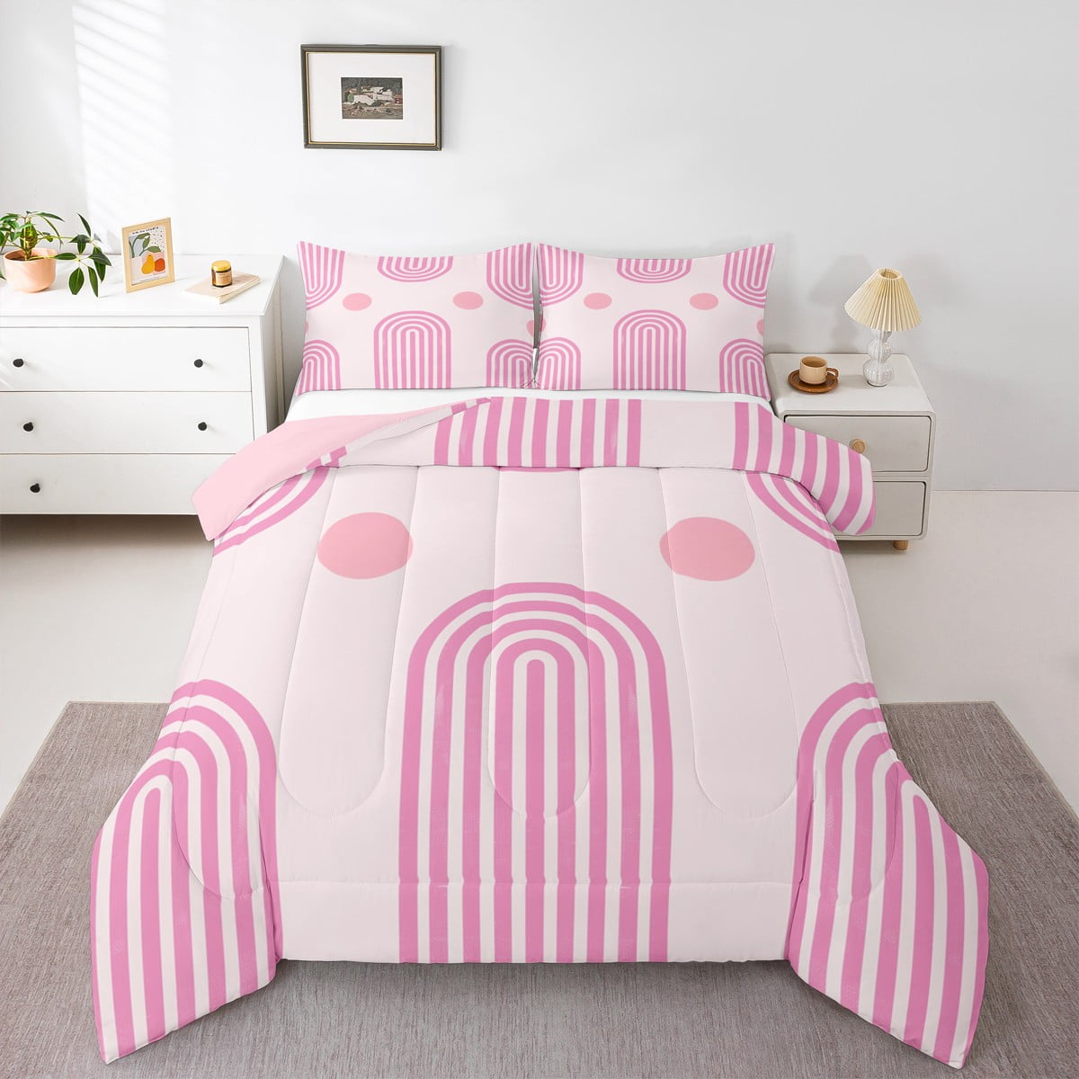 Manfei Girly Pink Stripes Queen Comforter Set for Teen, Modern Abstract ...