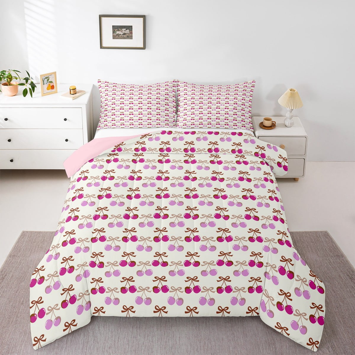 Manfei Girly Purple Cherry Queen Comforter Set, Cute Yummy Fruit ...