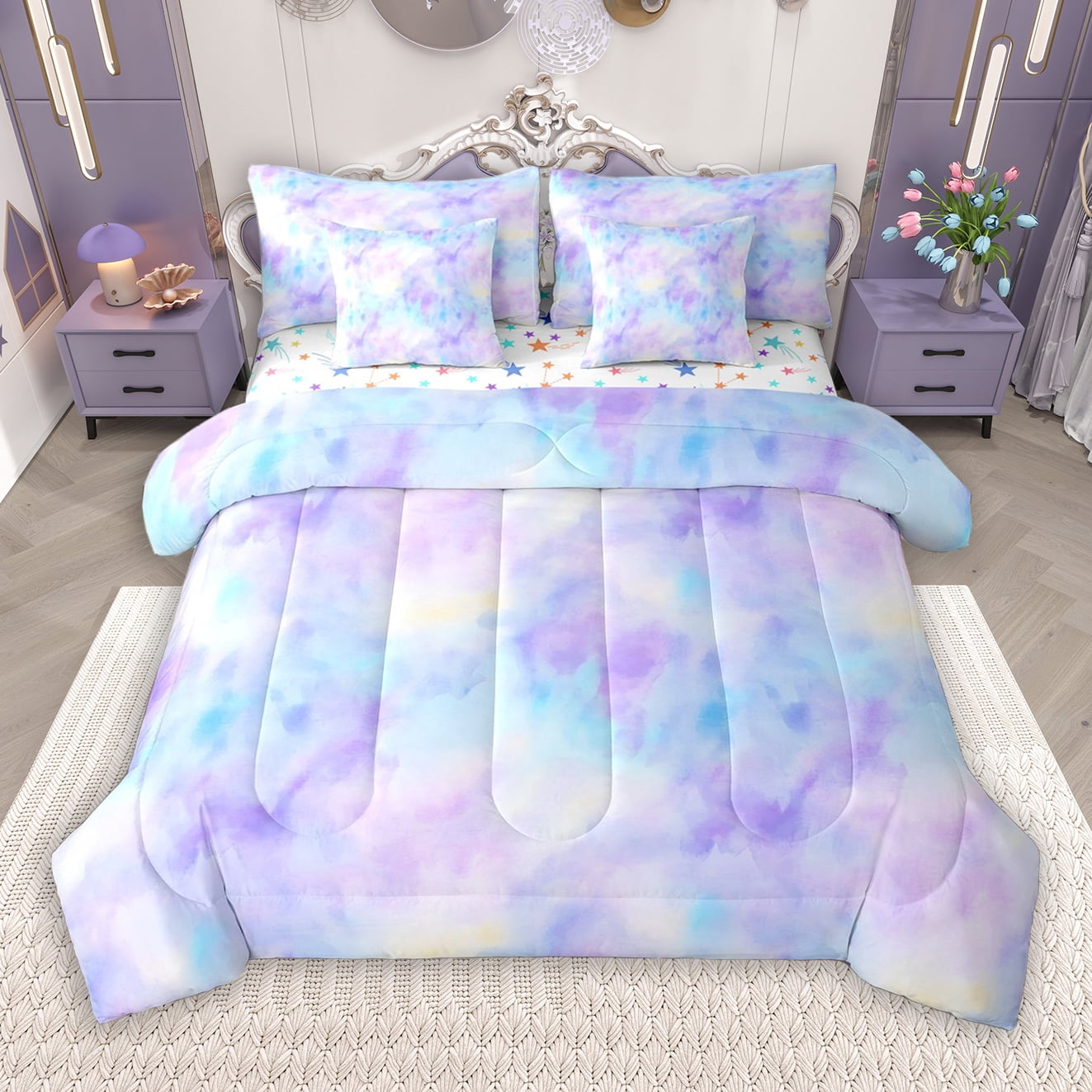 Manfei Girly Purple Watercolor 7-Piece Twin Bedding Sets for Kids ...
