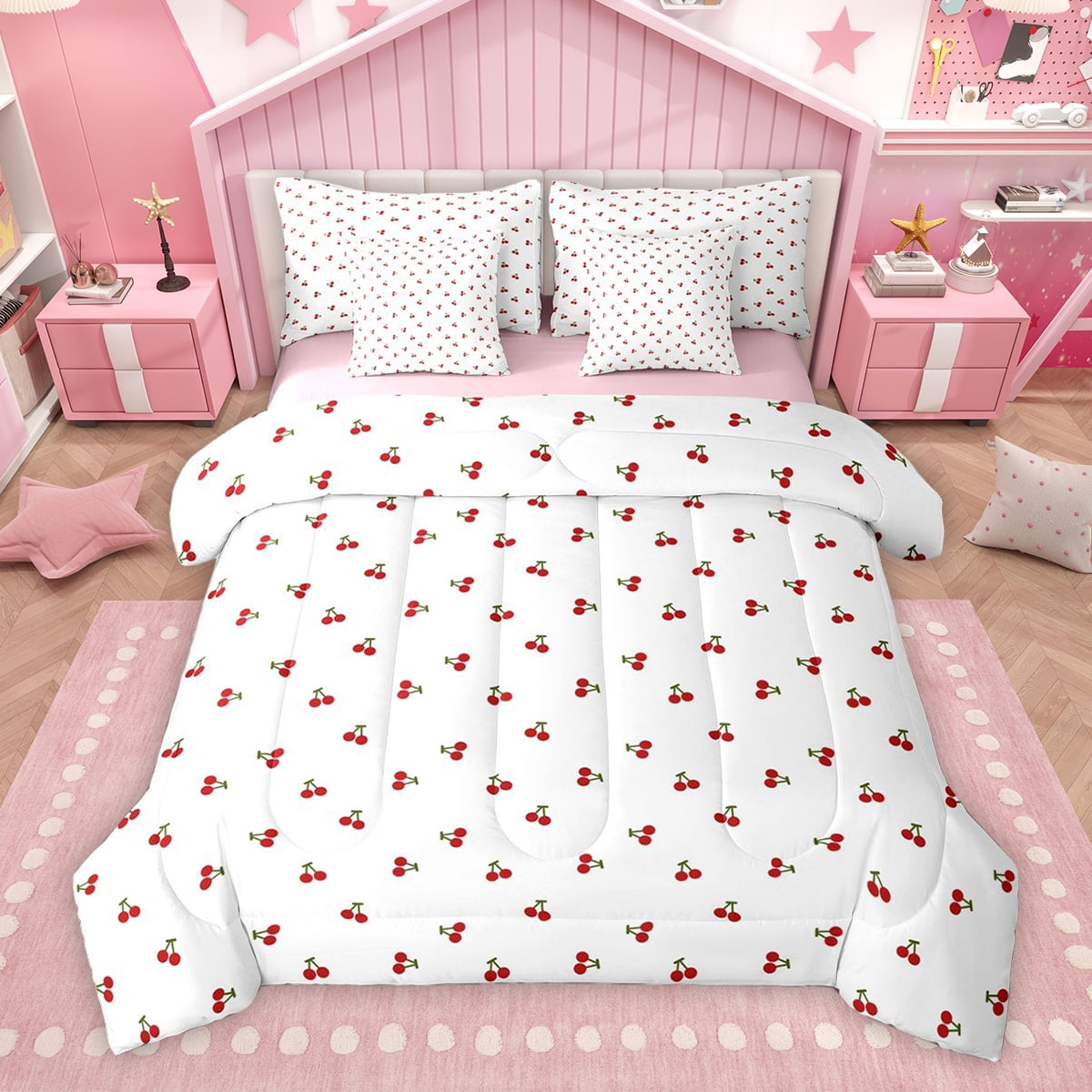 Homewish Girly Red Cherry Bedding Comforter Set 7 Pieces for Kids, Cute ...