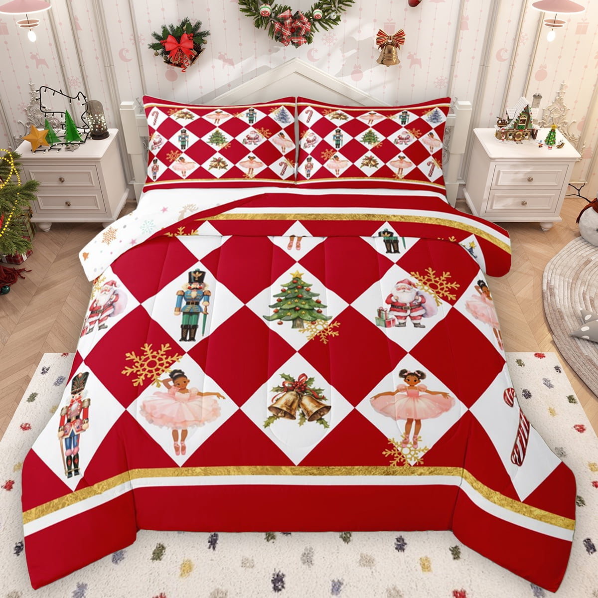 Manfei Girly Red Princess Queen Comforter Set for Kid, Dreamy Xmas Tree ...