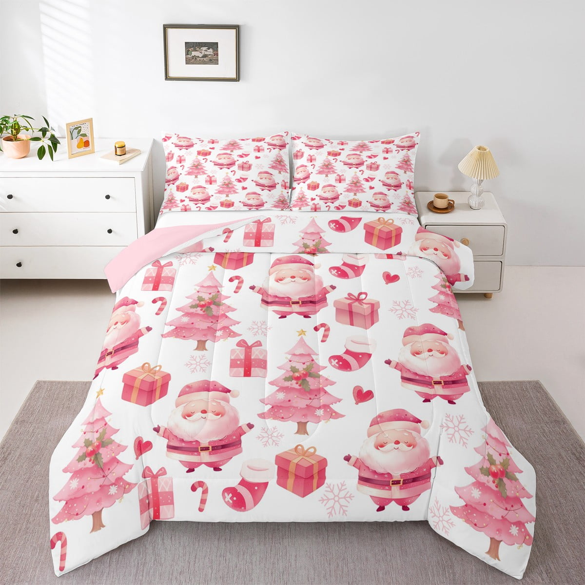 Manfei Girly Santa Claus Full Size Comforter Sets for Kid, Pink Xmas ...