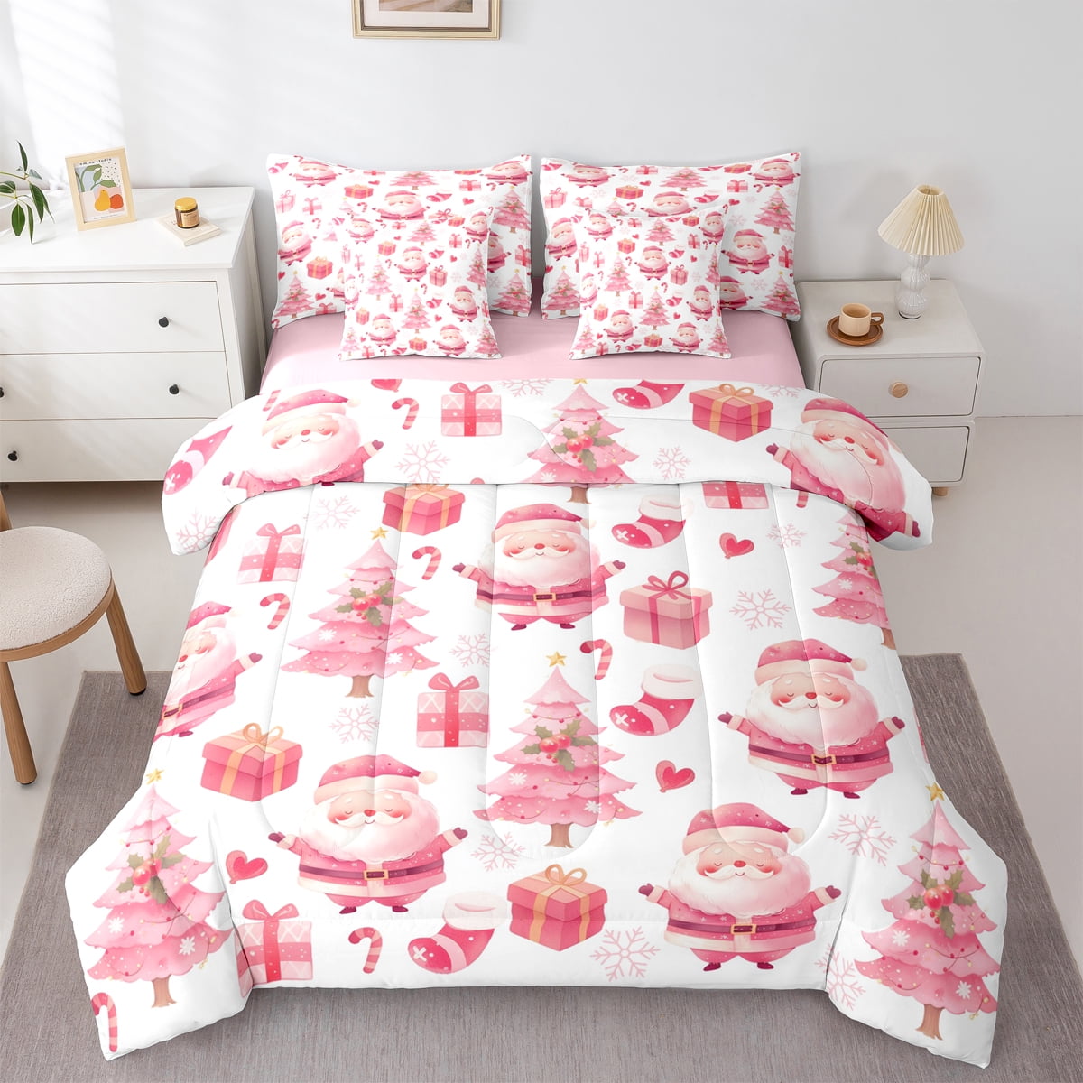 Manfei Girly Santa Claus Twin Bedding Sets 7-Piece for Kid, Pink Xmas ...