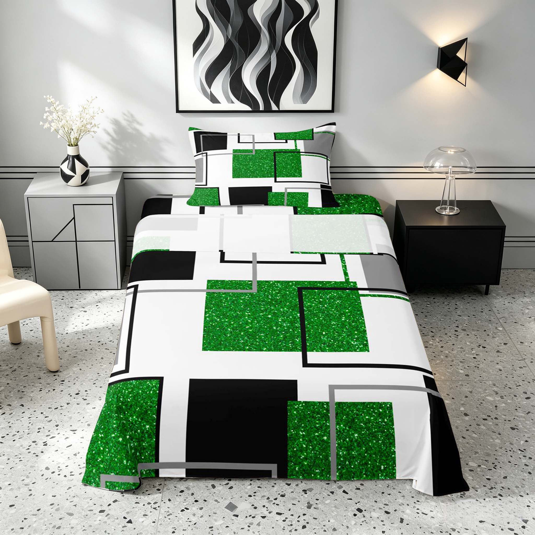 Manfei Glitter Green Square Twin Sheets,Contemporary Simple Art Bedding ...