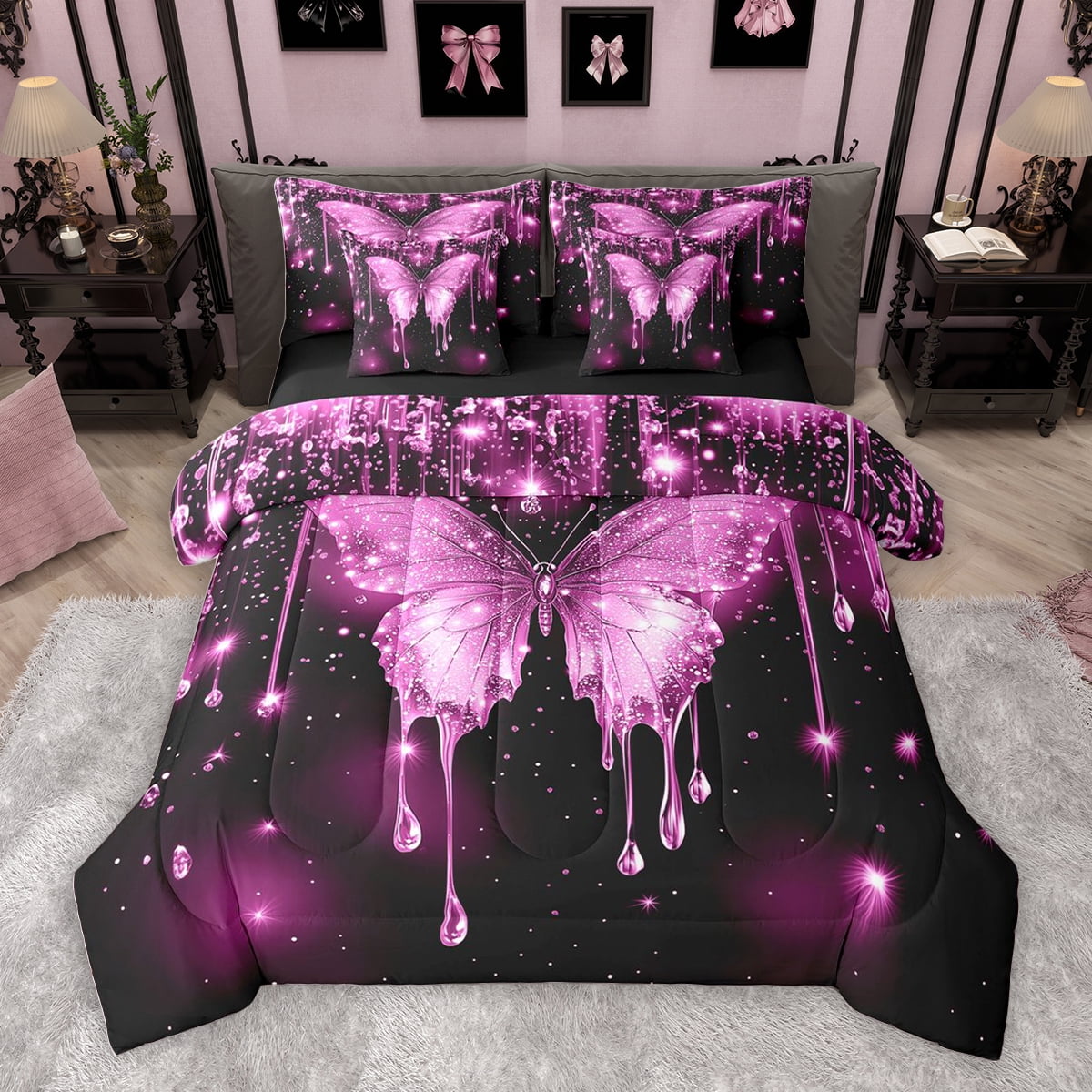 Homewish Glitter Pink Butterfly Twin Bedding Sets 7-Piece for Teens ...