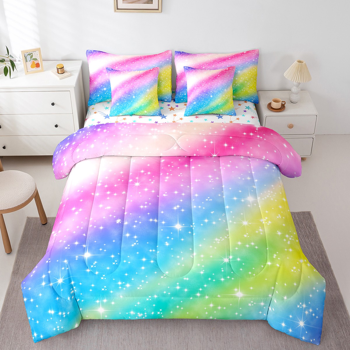 Manfei Glitter Stars Bedding Queen Size, Rainbow Print Bedding Sets ...