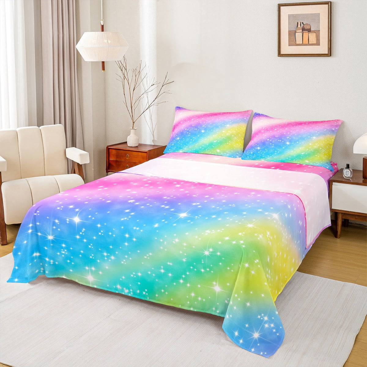 Manfei Glitter Stars King Sheet Sets, Rainbow Print Sheet Set King ...