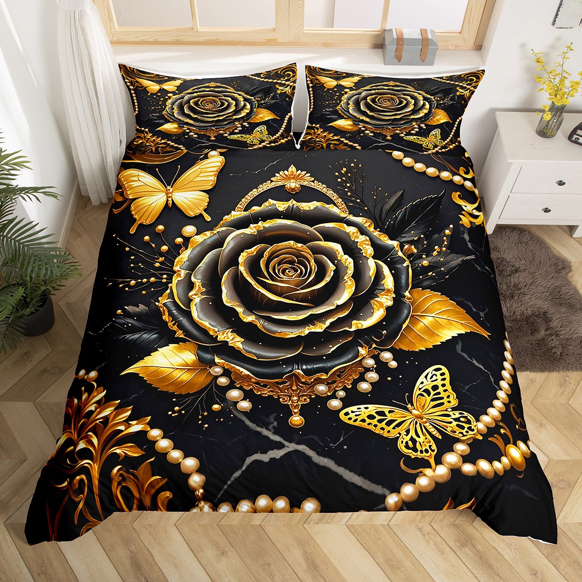 Manfei Gold Black Rose Duvet Cover Queen for Girls Women, Bohemian ...