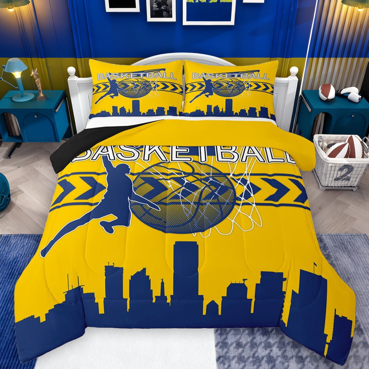 Manfei Gold Navy Basketball Full Size Comforter Sets for Teens, Modern ...