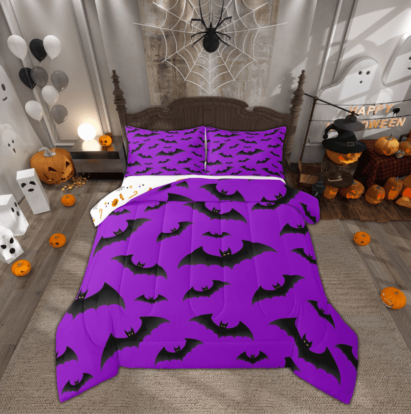 Manfei Gothic Bat Bedding Full Comforter Set, Purple Cartoon Comforter ...