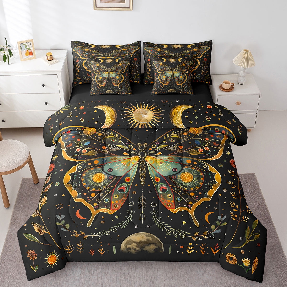 Manfei Gothic Moth Bed in a Bag Queen Size,Vintage Floral Bed Set,Boho ...