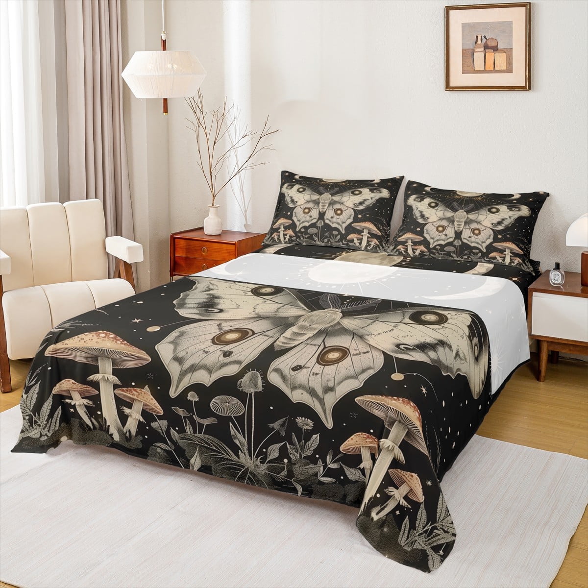 Manfei Gothic Moth Full Size Sheets,Rustic Mushroom Bed Sheets,Country ...