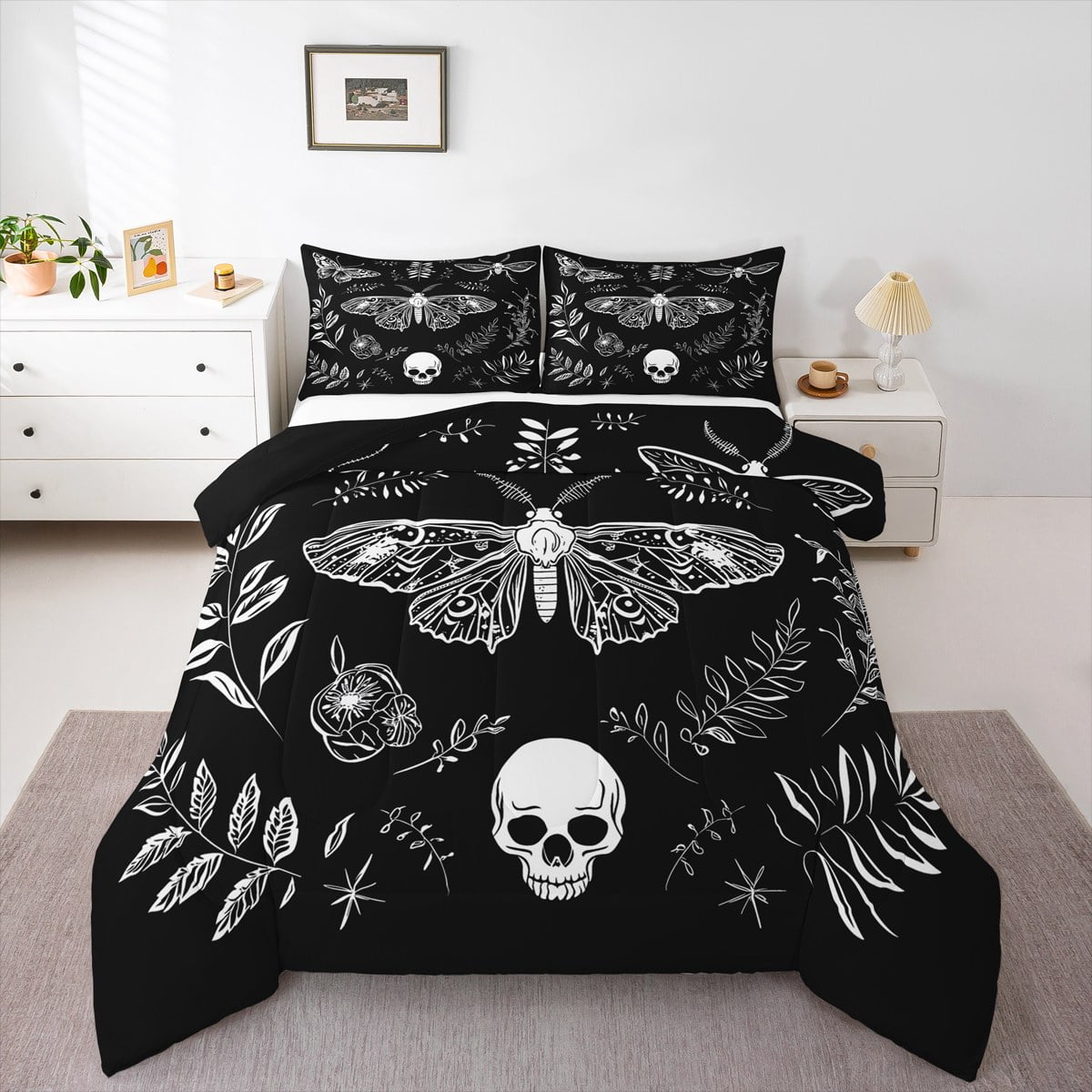 Manfei Gothic Moth King Size Comforter Sets,Halloween Skull Skeleton ...