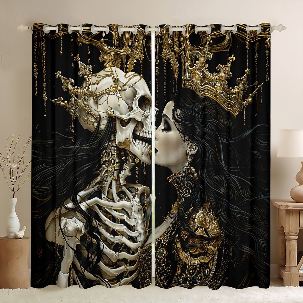 Manfei Gothic Skull Curtains and Drapes,Gold Crown Black Out Curtains ...