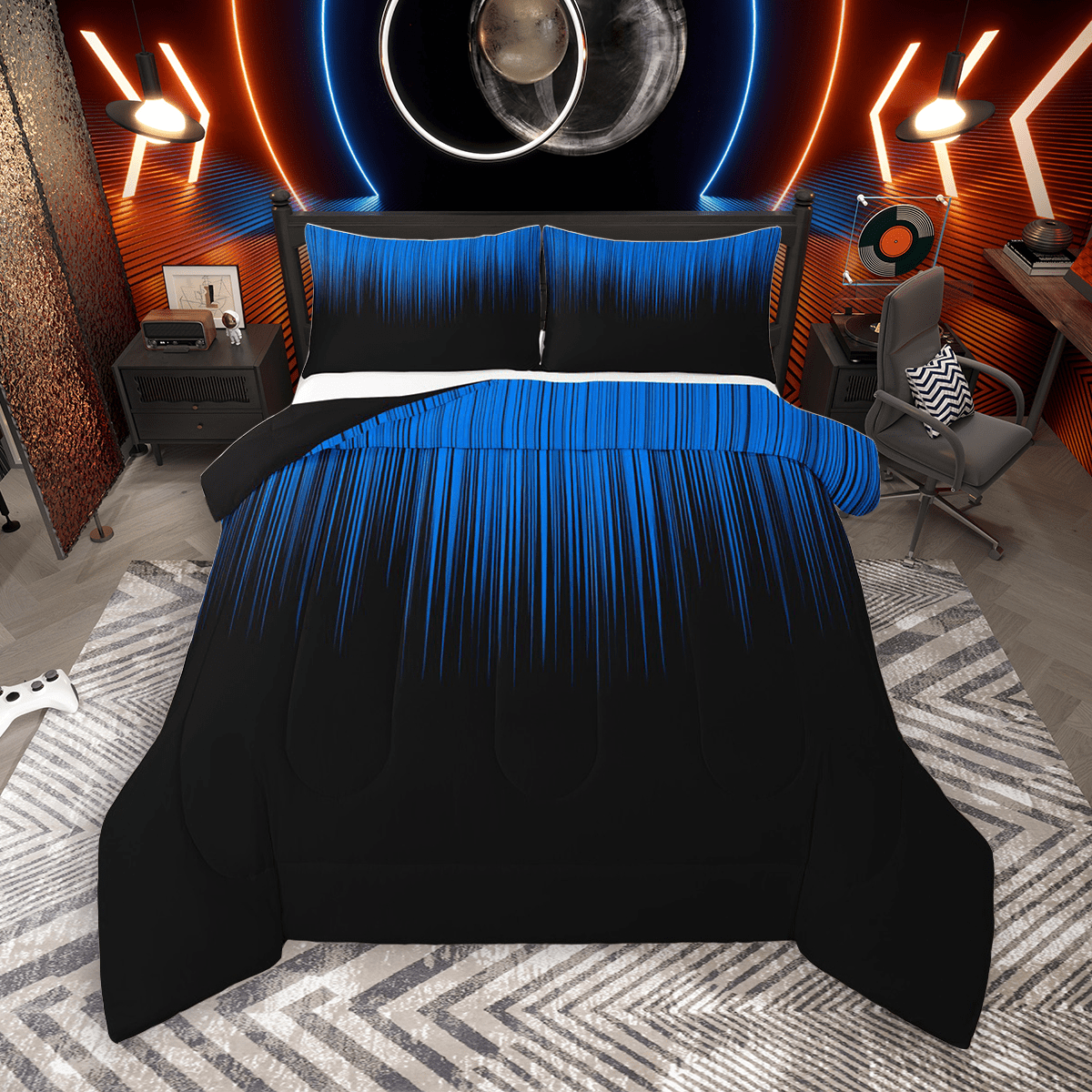 Manfei Gradient Blue Full Size Comforter Sets 3-Piece, Geometric Neon ...