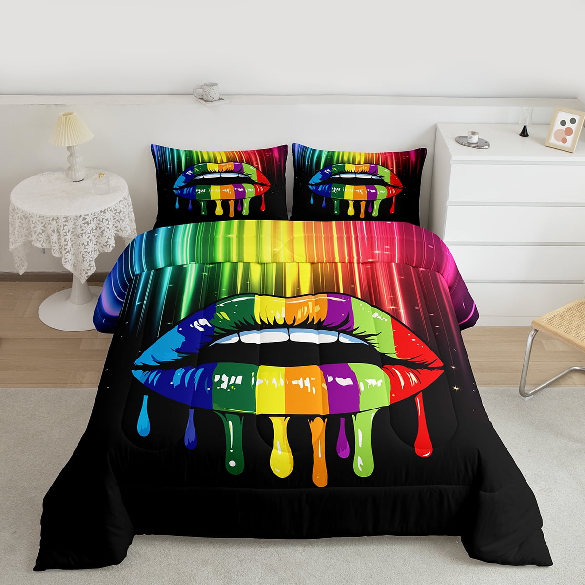 Manfei Graffiti Lip Queen Comforter Set for Teen, Rainbow Sequin Print ...