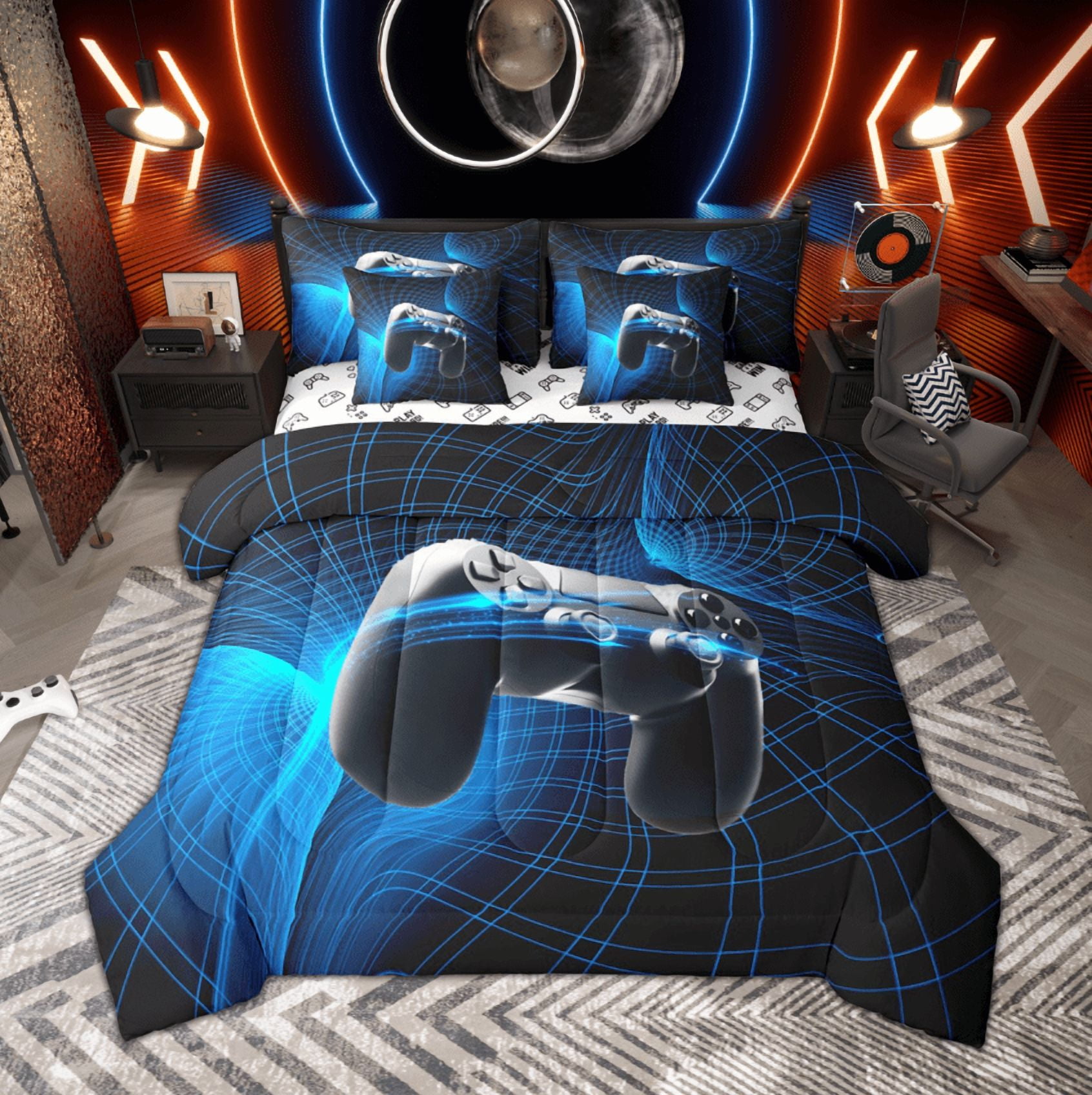 Manfei Gray Game Controller Bedding Comforter Set, Teens Gamer Gaming ...