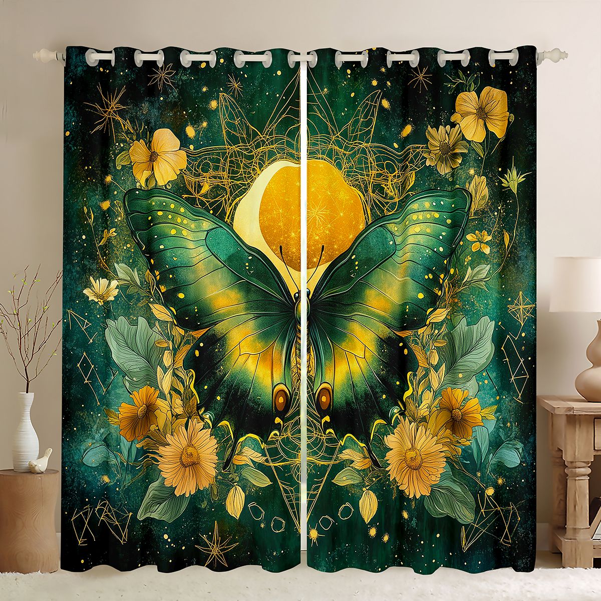 Homewish Green Bohemian Butterfly Blackout Curtains Set of 2 (52x84 ...