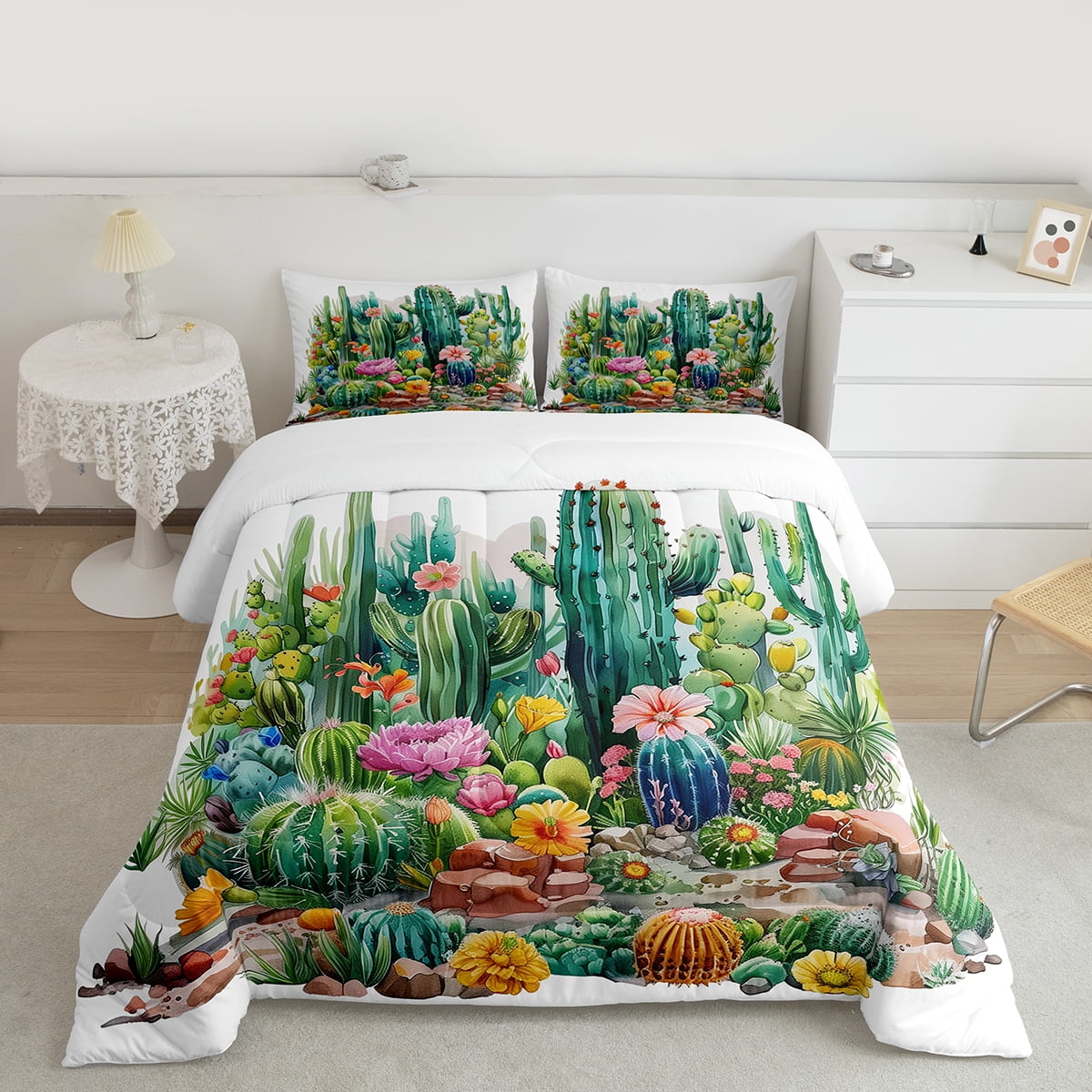 Manfei Green Cartoon Cactus Queen Comforter Set, Plant Botanical ...