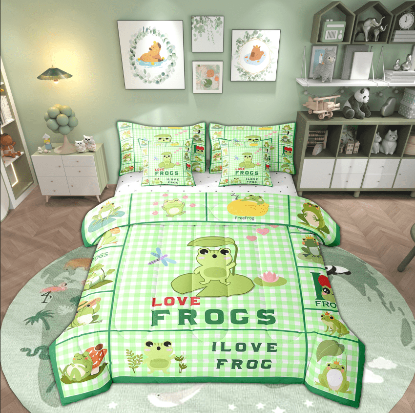 Manfei Green Cartoon Frog Bedding Sets Queen Size, Animal Prince Bed in ...