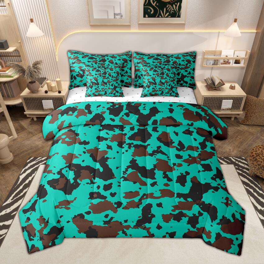 Manfei Green Cow Print Bedding Comforter Set 7pcs, Cartoon Farm Animal ...