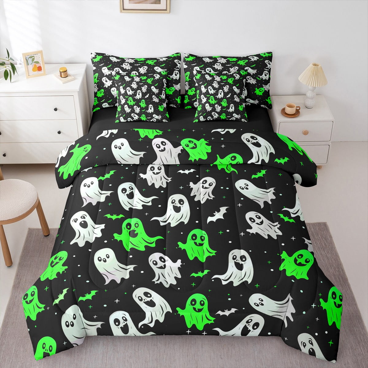 Manfei Green Cute Ghost Bedding Comforter Set 7pcs, Halloween Stars ...