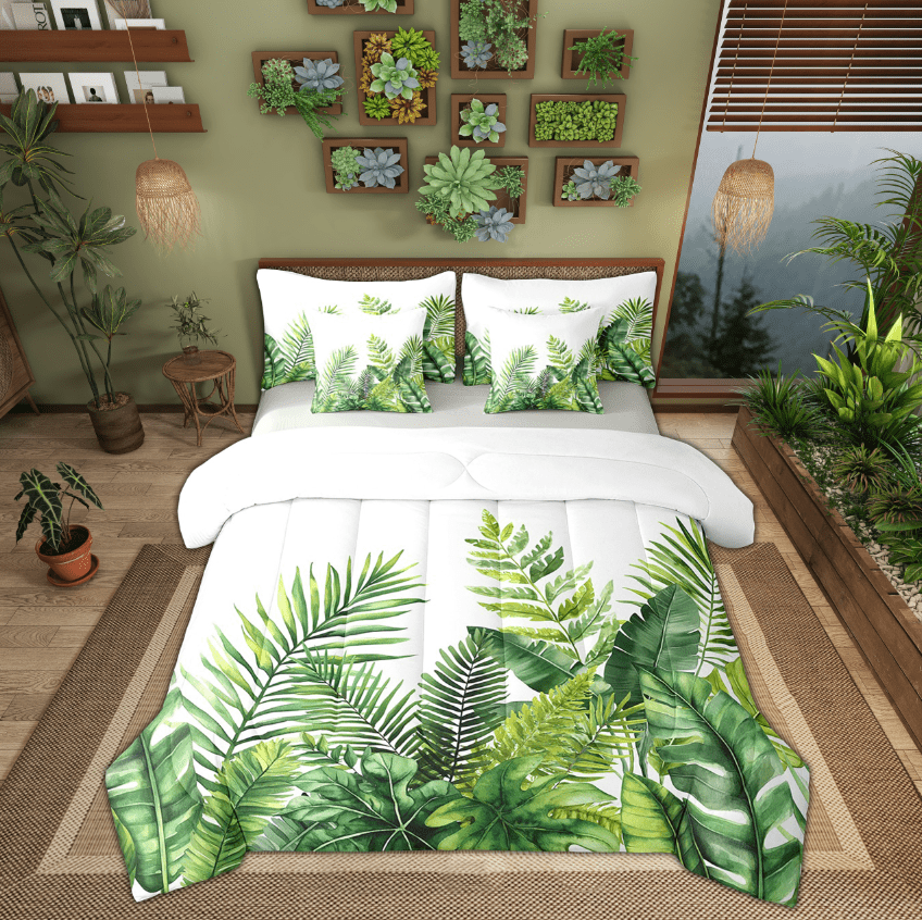Manfei Green Palm Bed in a Bag Queen size, Botanical Leaf Bedding Sets Queen Size, Topical Plant ...