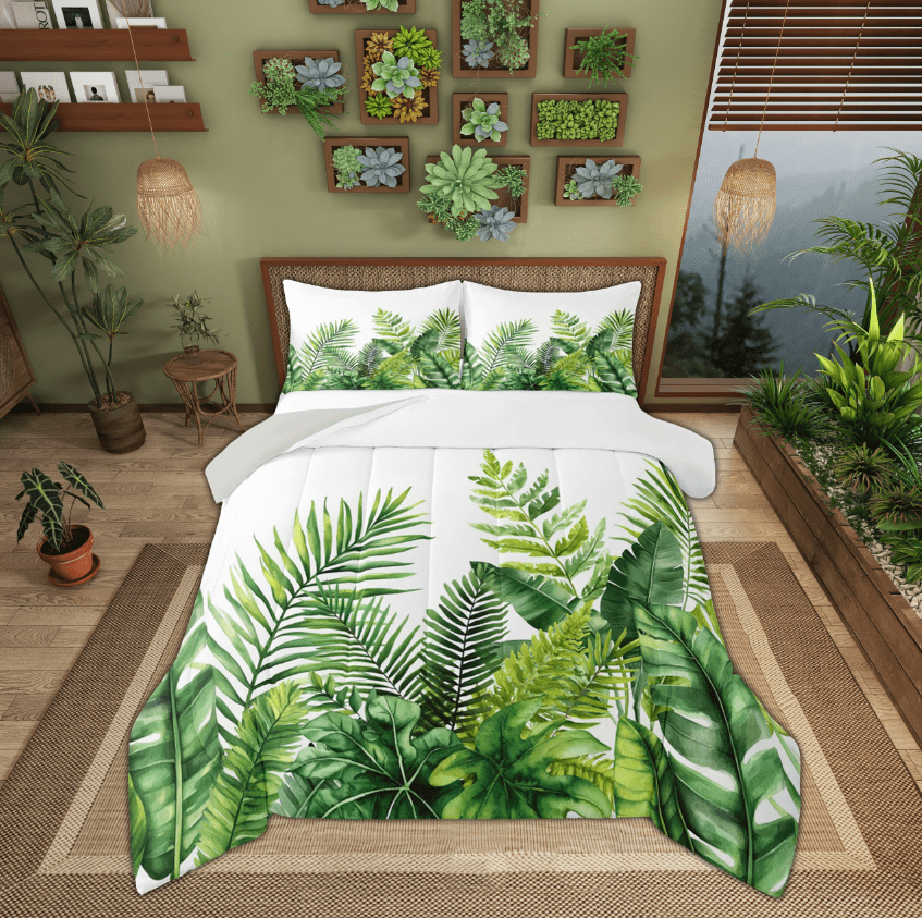 Manfei Green Palm Bedding Sets Twin with Comforter, Botanical Leaf ...