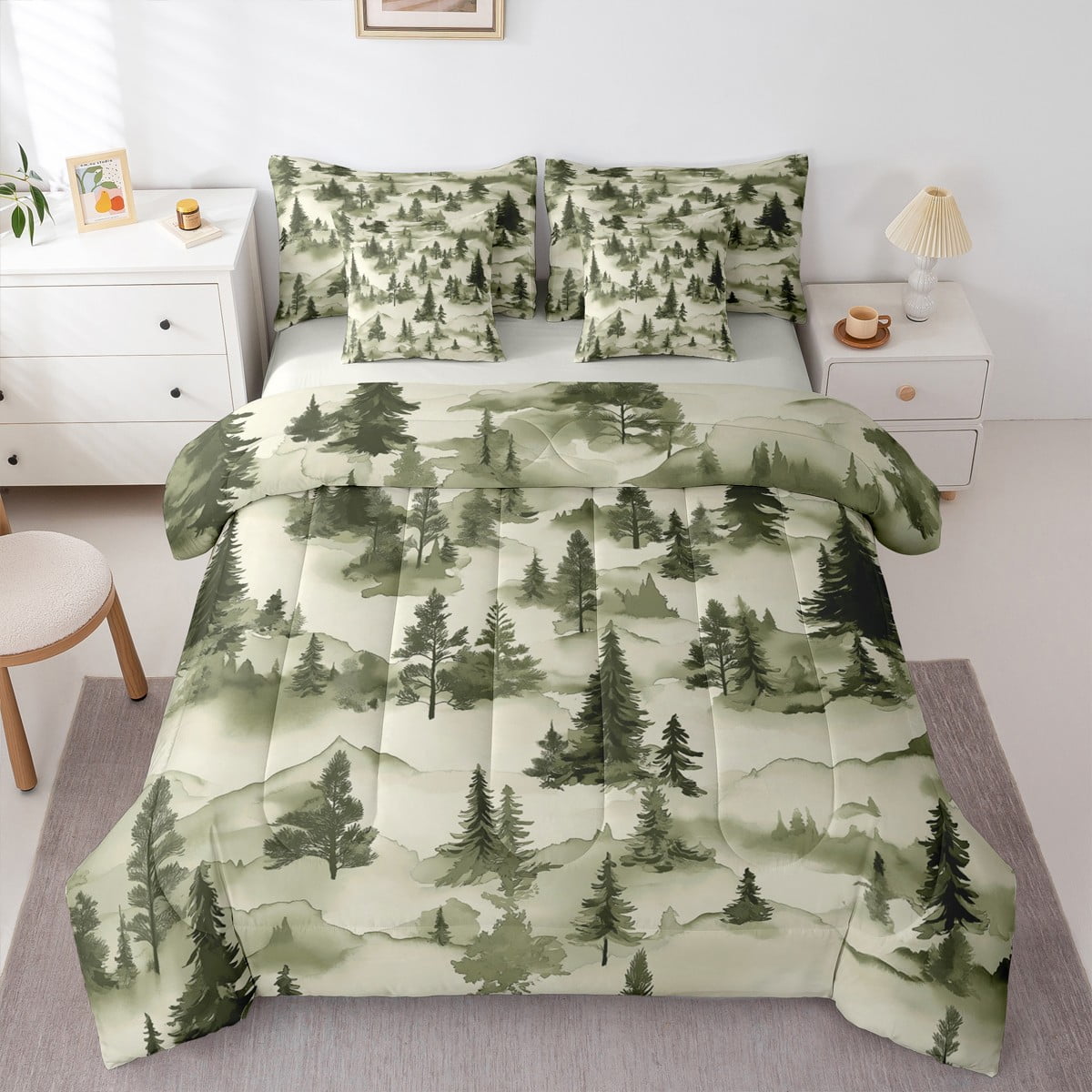 Manfei Green Pine Bedding Comforter Set 7-Piece,Tropical Botanical Tree ...