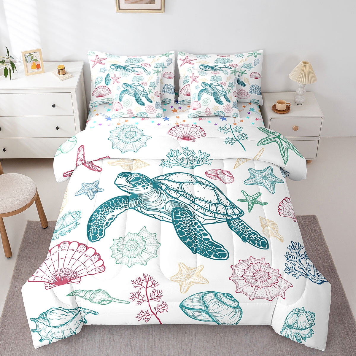 Manfei Green Sealife Turtle Bedding Sets King Size,Ocean Sea Beach Comforter Sets with Sheets ...