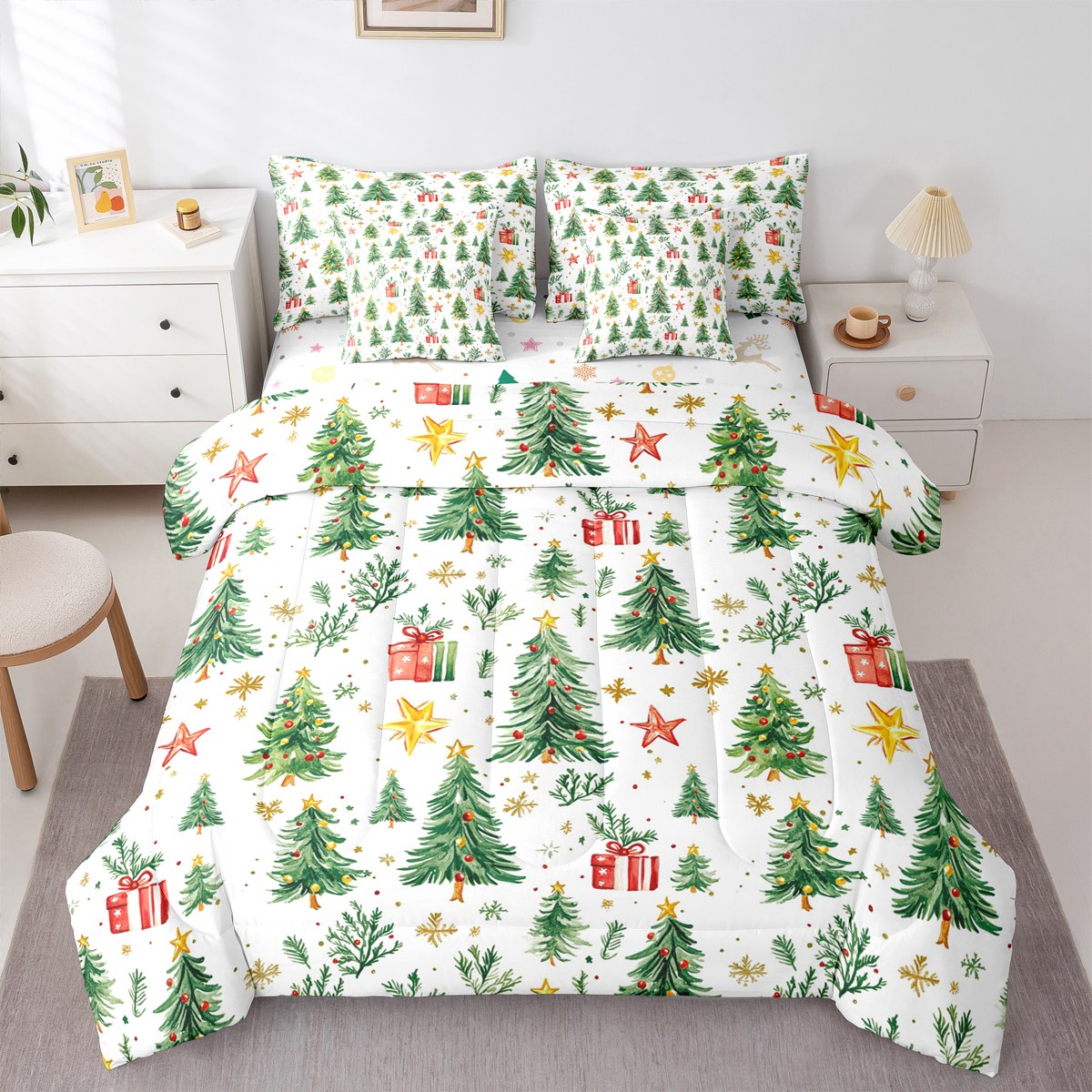 Manfei Green Xmas Tree Bedding Comforter Set 7pcs,Merry Christmas Queen ...