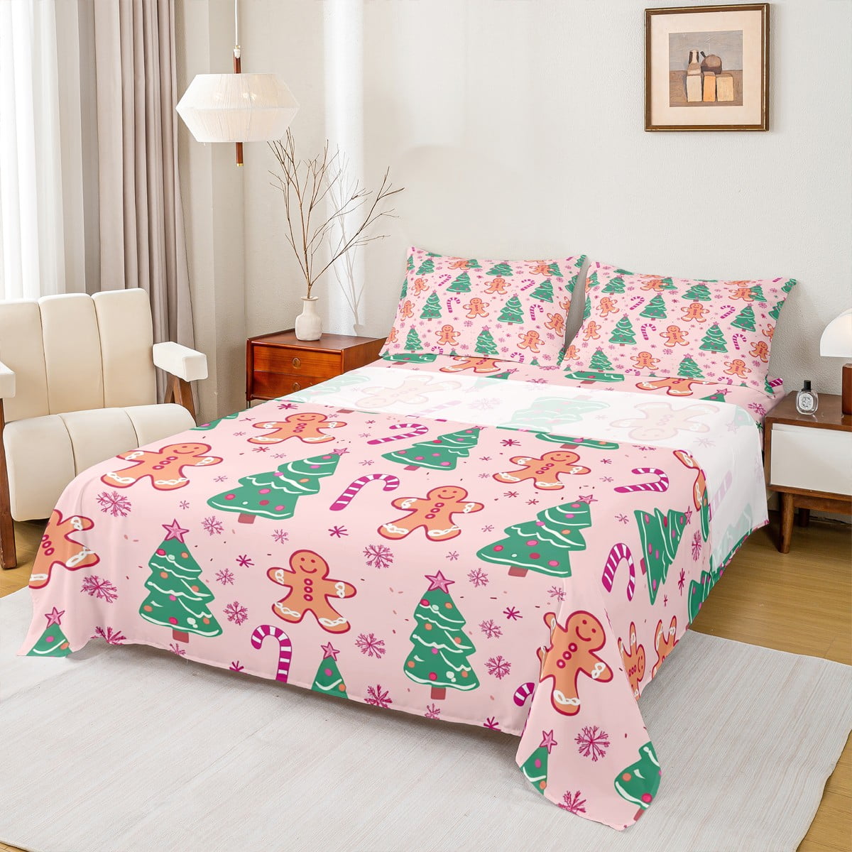 Manfei Green Xmas Tree Full Size Sheets, Cute Gingerbread Bed Sheets ...