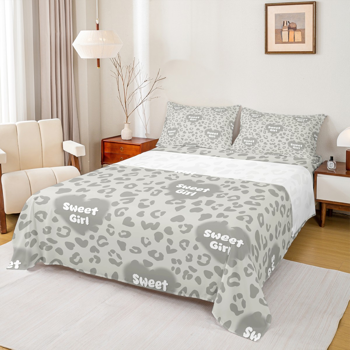 Manfei Grey Leopard Print Queen Sheet Sets for Kids, Sweet Girl Flat ...