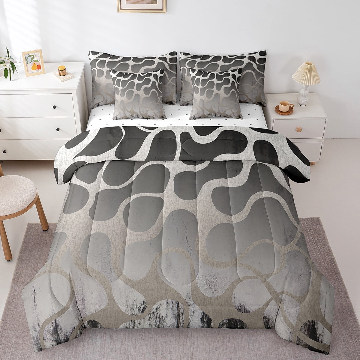 Manfei Grey Stripes Bed in a Bag King size, Chic Abstract Bed Set, Geometric Minimalst ...