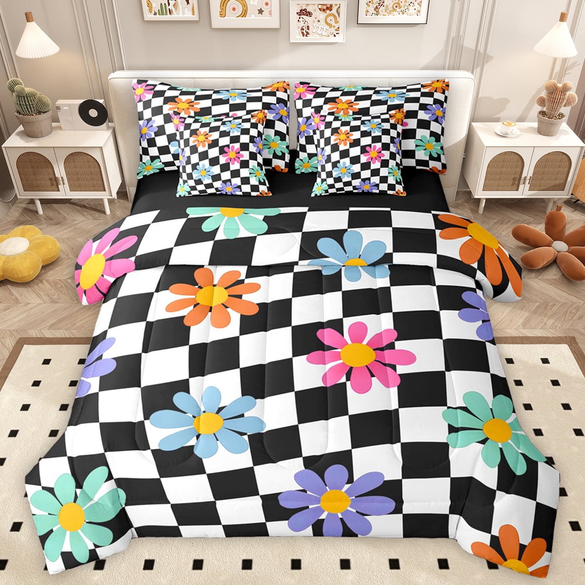 Manfei Groovy Daisy Flower Twin Bedding Sets 7-Piece, White Black Plaid ...