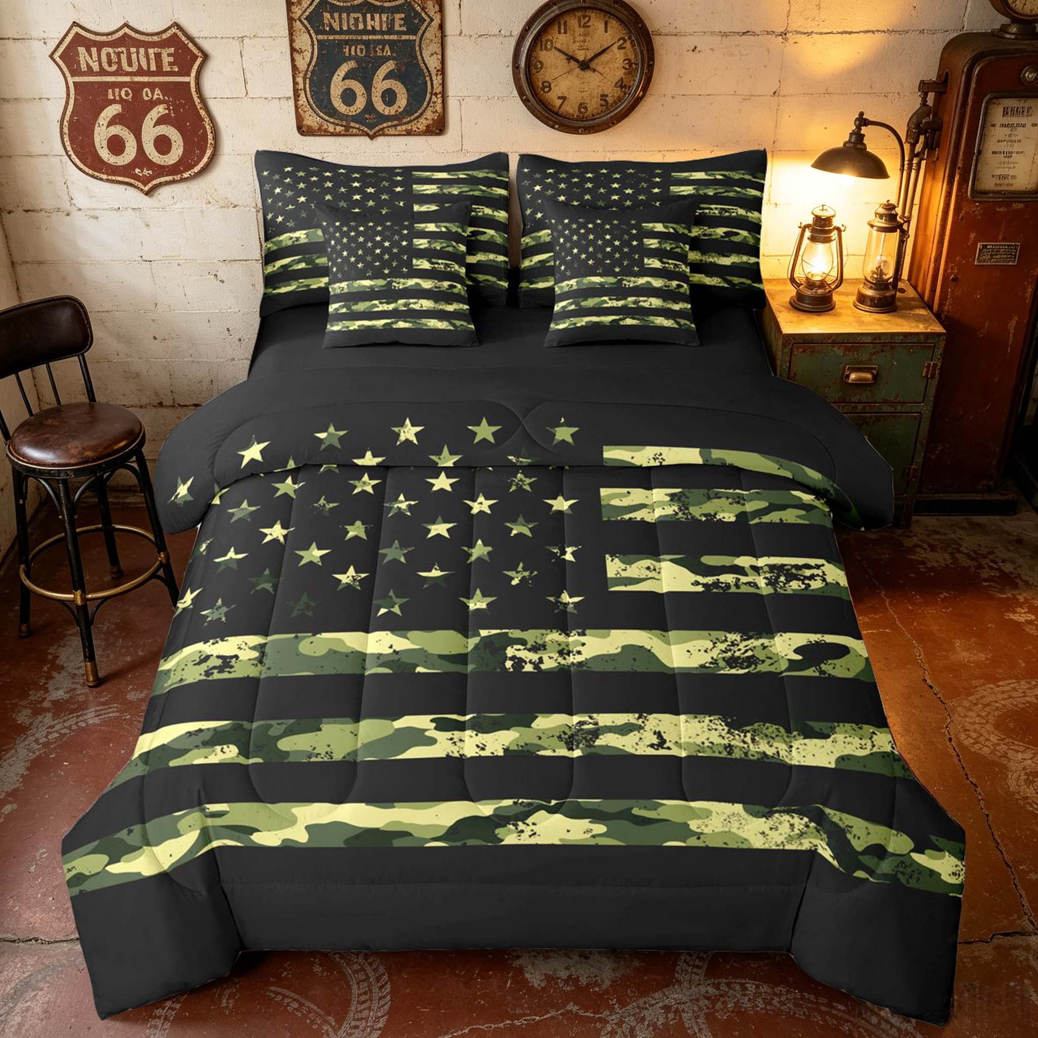Manfei Grunge Green Camo American Flag King Bedding, Vintage Tactical ...