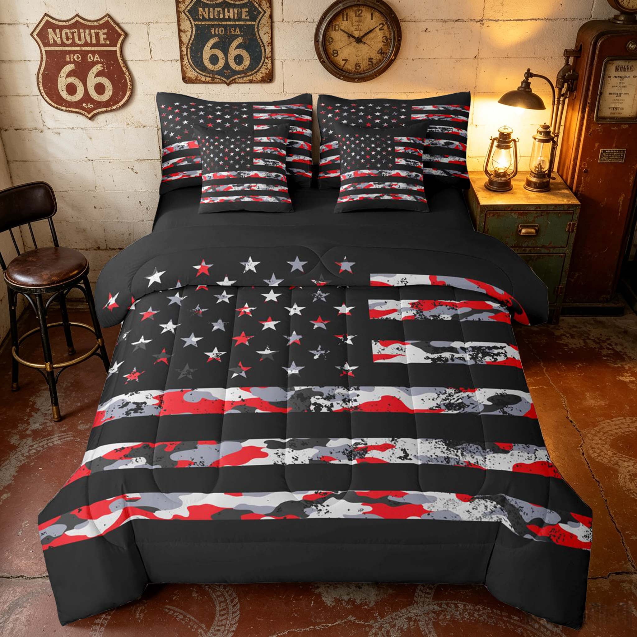Manfei Grunge Red Gray Camo American Flag Twin Bedding, Bold Tactical ...