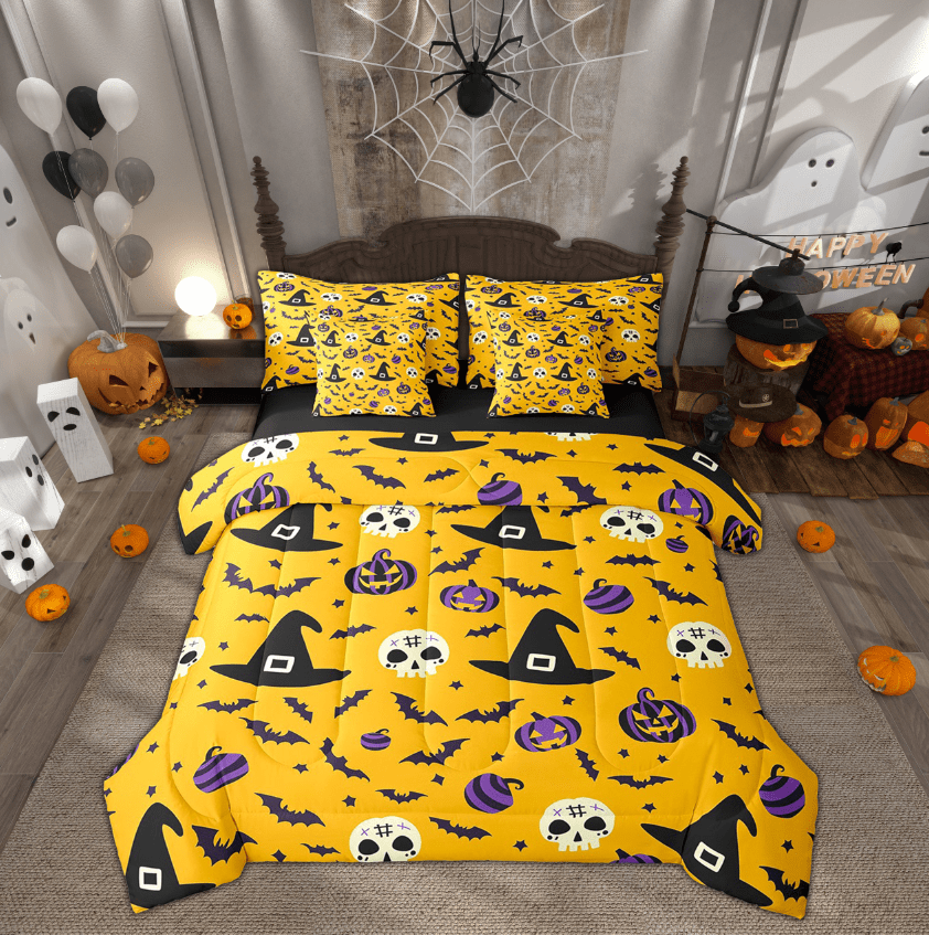 Manfei Halloween Bedding Full Size for Teens, Spooky Bat Print Bed Set ...