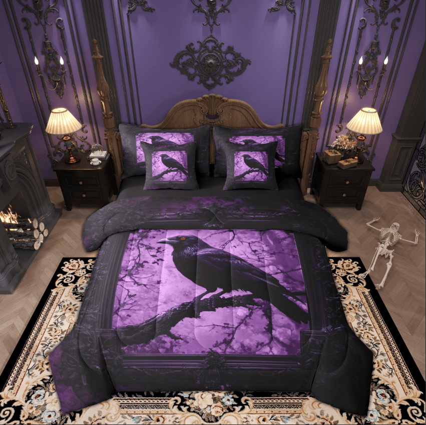 Manfei Halloween Crow Child Bedding Comforter Set 7pcs, Black Purple ...