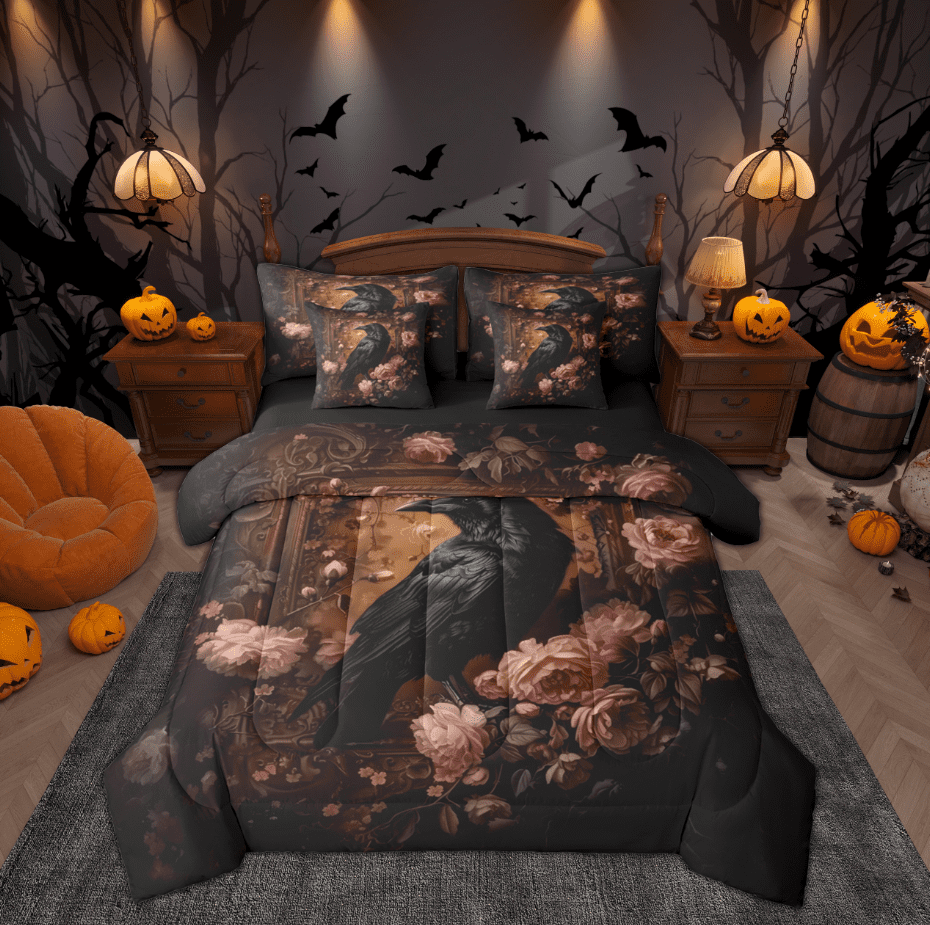 Manfei Halloween Crow Queen Bedding Set (7pcs) - Romantic Flower ...