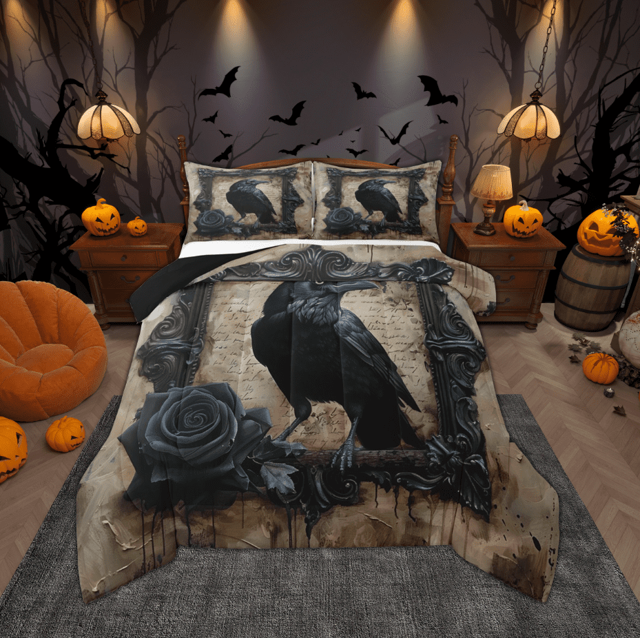 Manfei Halloween Crow Child Bedding Comforter Set, Vintage Black Rose ...
