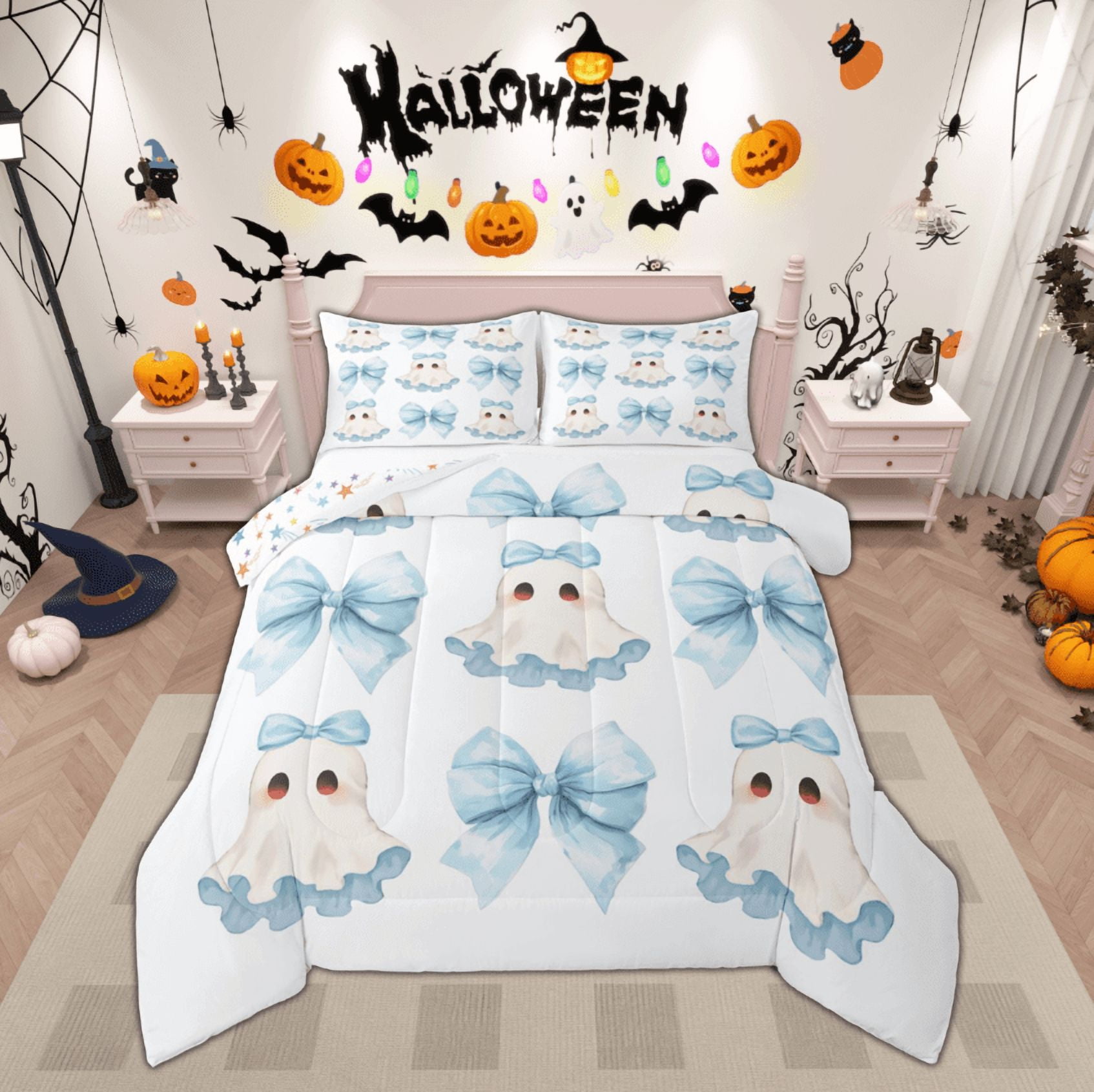 Feelyou Halloween Cute Ghost Bedding Comforter Set, Light Blue Twin ...
