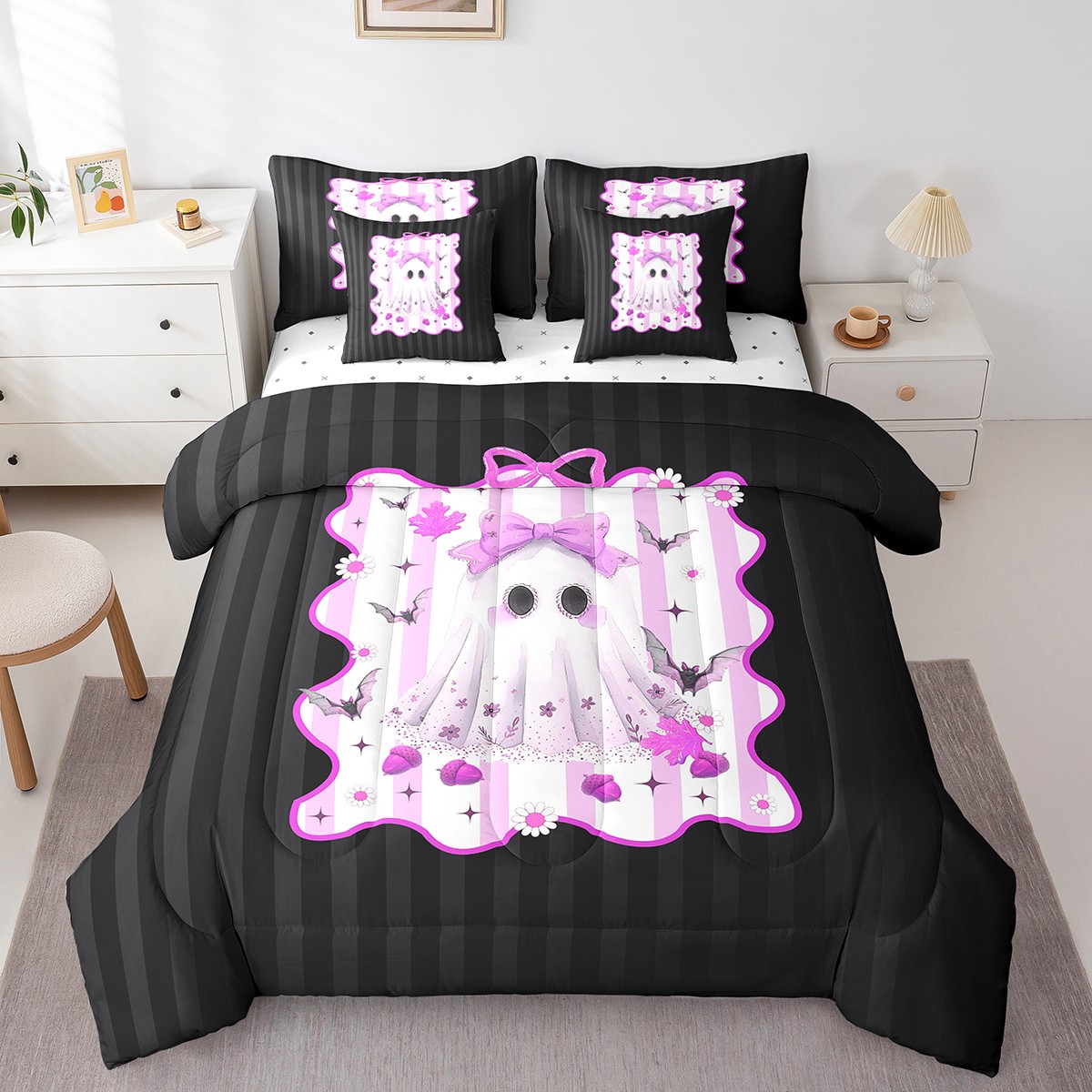 Manfei Halloween Ghost Bat Bedding Comforter Set 7 Pieces,Pink Bow ...