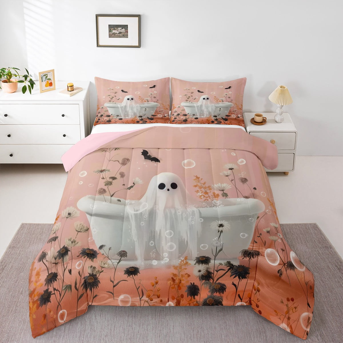 Manfei Halloween Ghost Bedding Comforter Set, Rustic Groovy Floral Twin ...