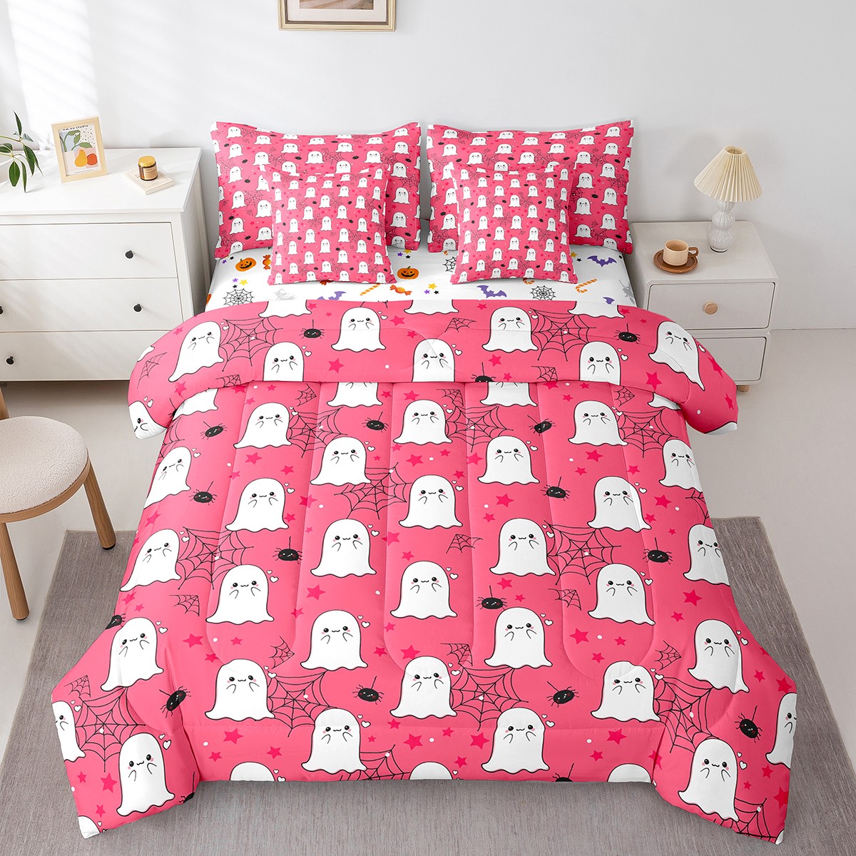 Manfei Halloween Ghost Bedding Sets King Size, Spider Web Bed in a Bag ...