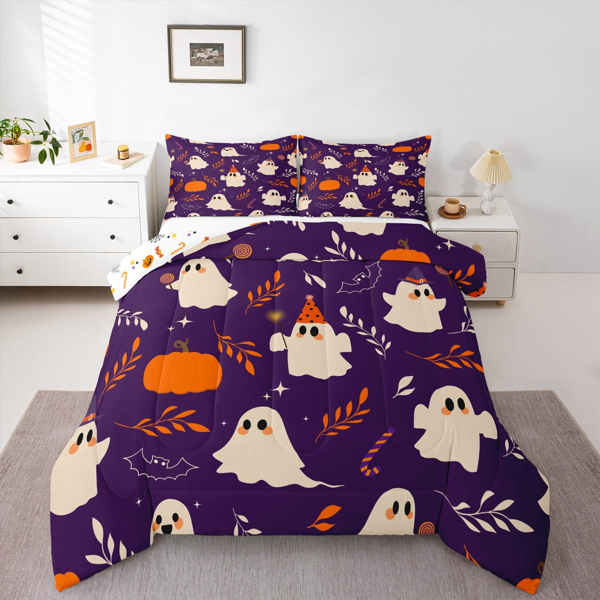 Manfei Halloween Ghost Bedding Twin Comforter Set, Purple Pumpkin Down ...