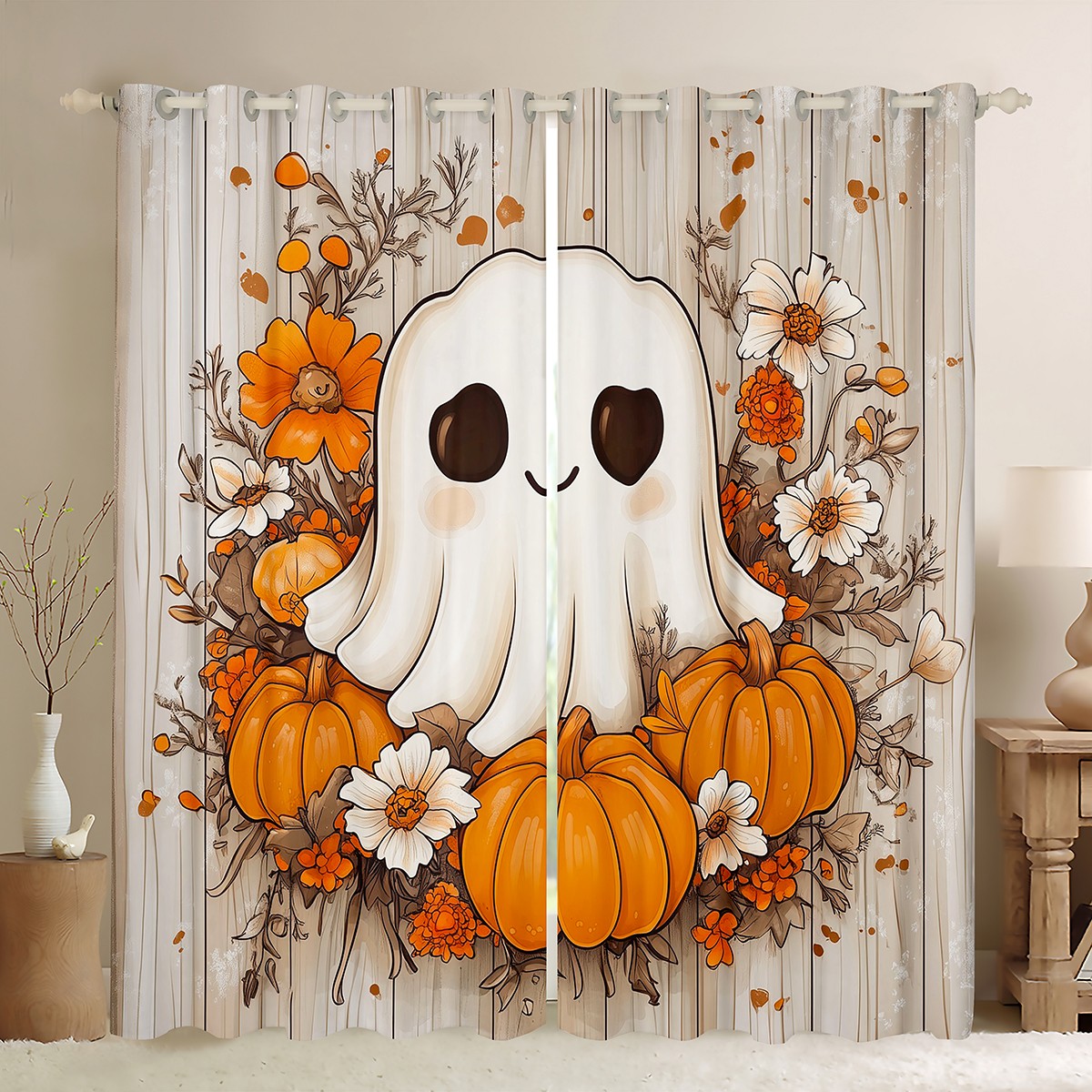 Manfei Halloween Ghost Child Black Out Curtains, Autumn Pumpkin Groovy ...